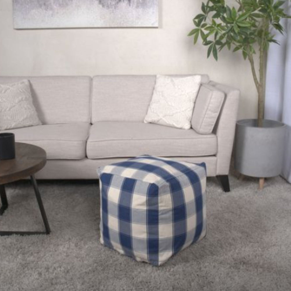 Connor - Checkered Square Pouf Ottoman And Floor Cushion - Ivory / Nav ...