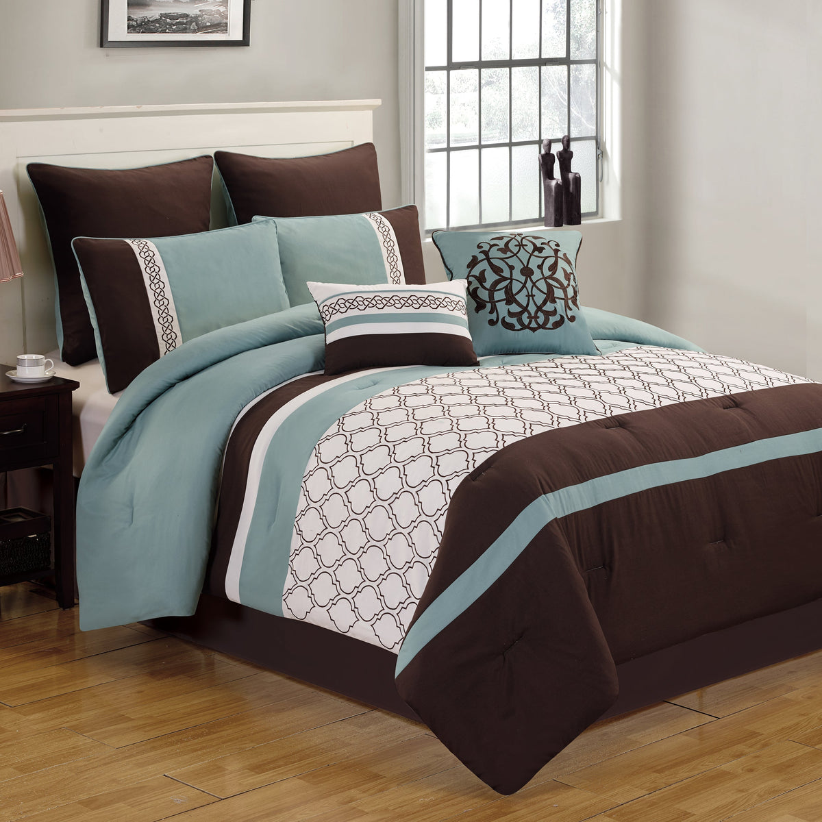 Tolbert 8 Pc Teal & Brown Geometric Embroidered Comforter Set – Tuesday ...