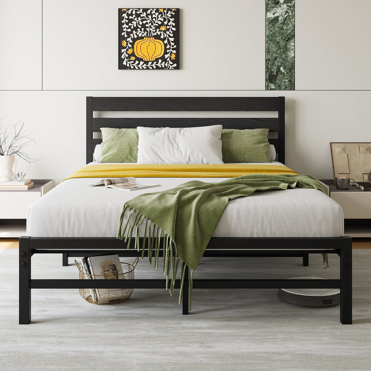 Industrial Platform Bed with Storage and Vintage Wood Headboard - Blac ...