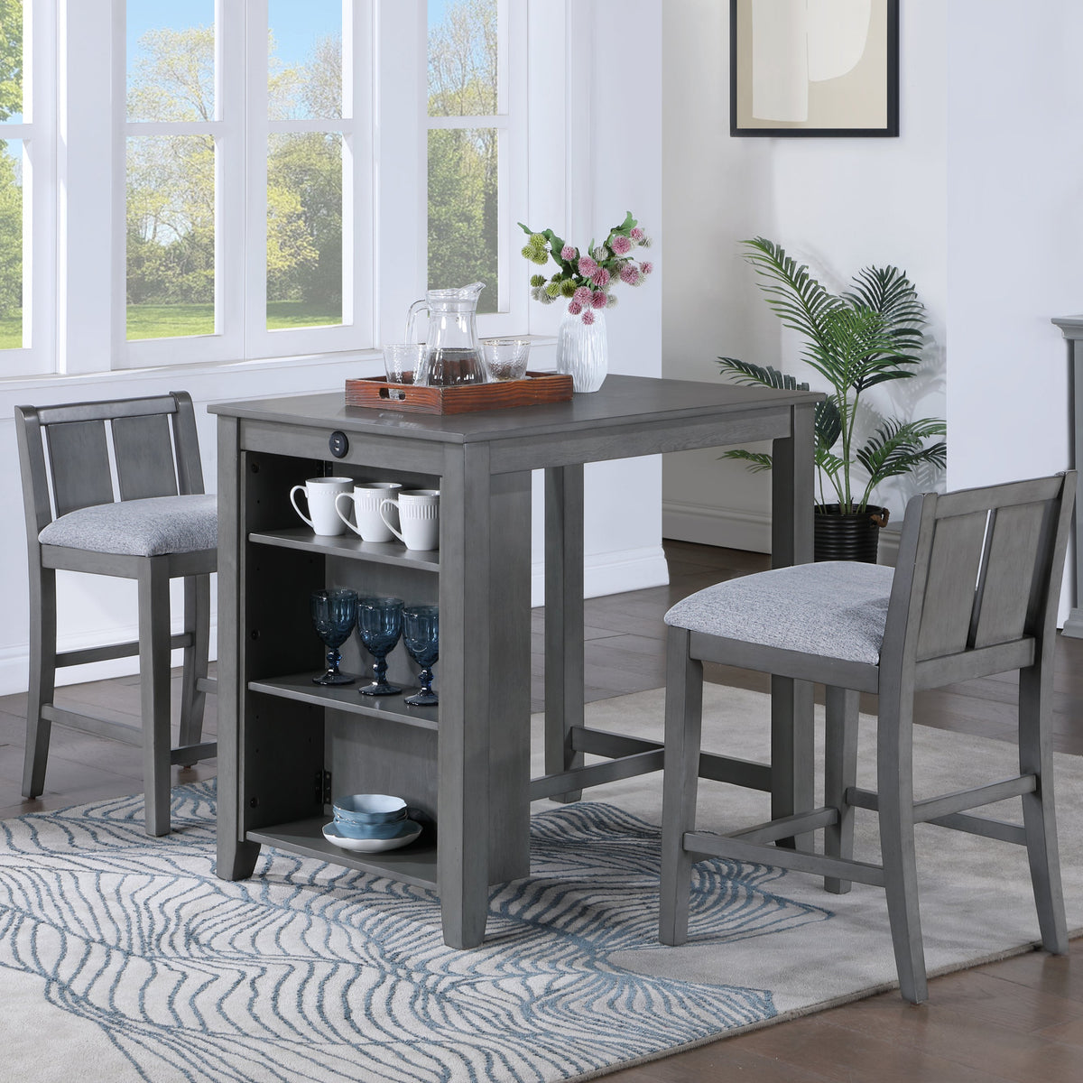 Graham 36" Gray Finish Counter Height Dining Table with 2 Chairs ...