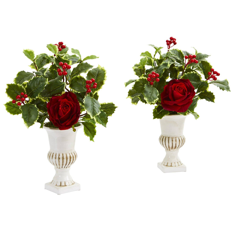 15” Rose and Holly Leaf Artificial Arrangement in White Urn (Set of 2 ...