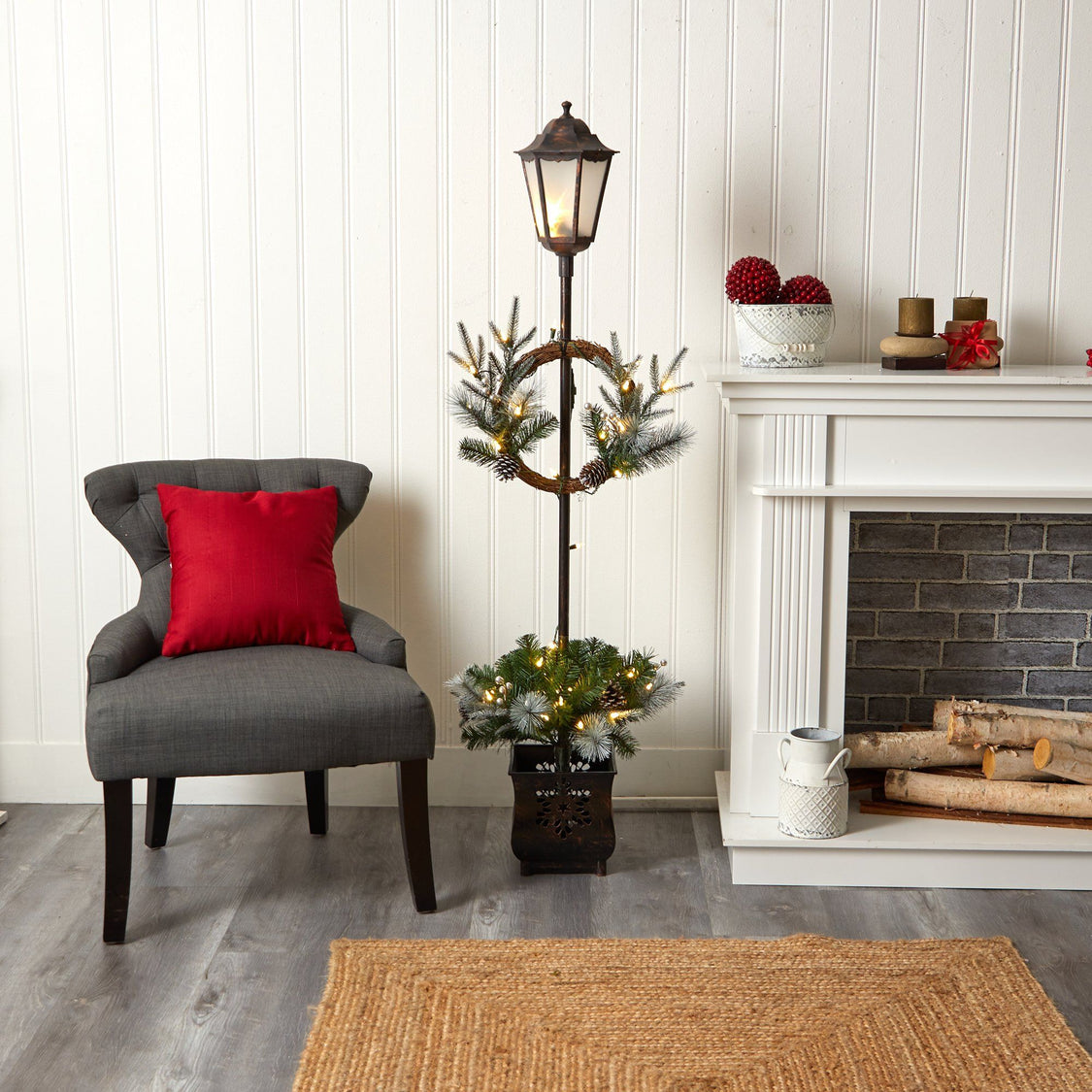5’ Holiday Pre-lit Decorated Lamp Post with Greenery, Decorative Conta ...