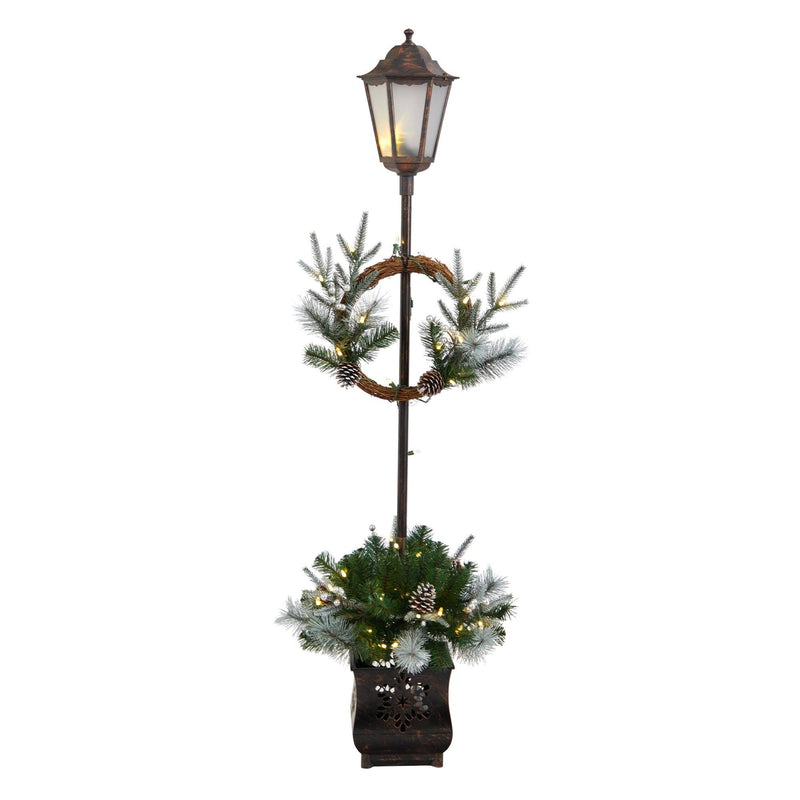 5’ Holiday Pre-lit Decorated Lamp Post with Greenery, Decorative Conta ...