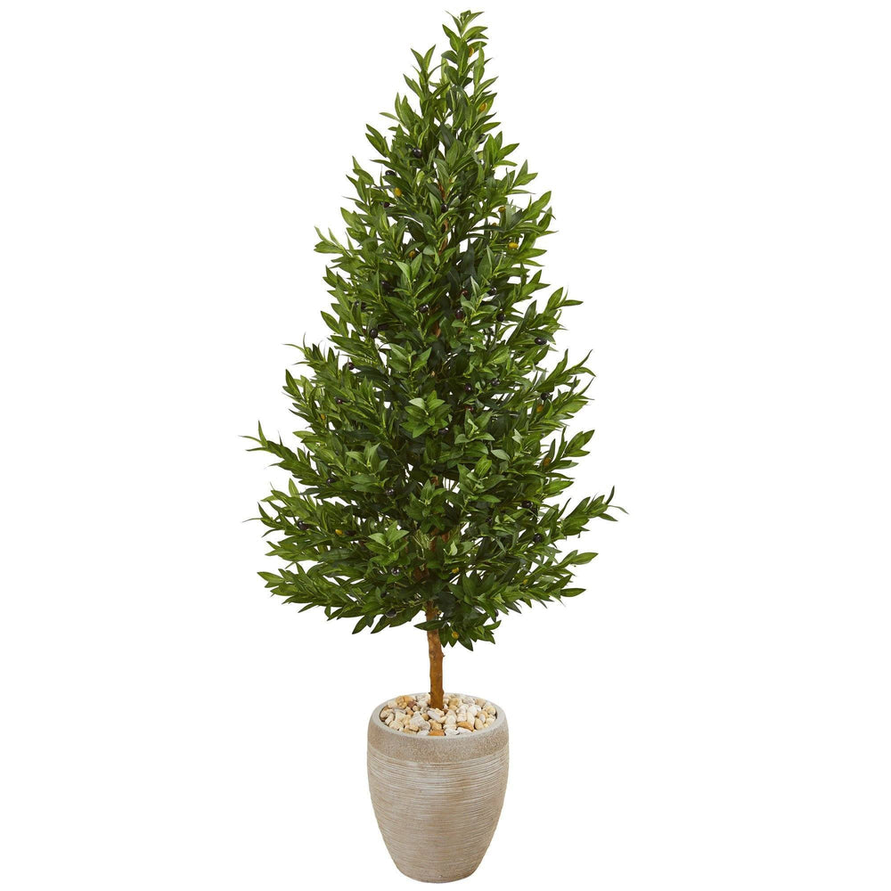 62” Olive Cone Topiary Artificial Tree in Sand Colored Planter (Indoor ...