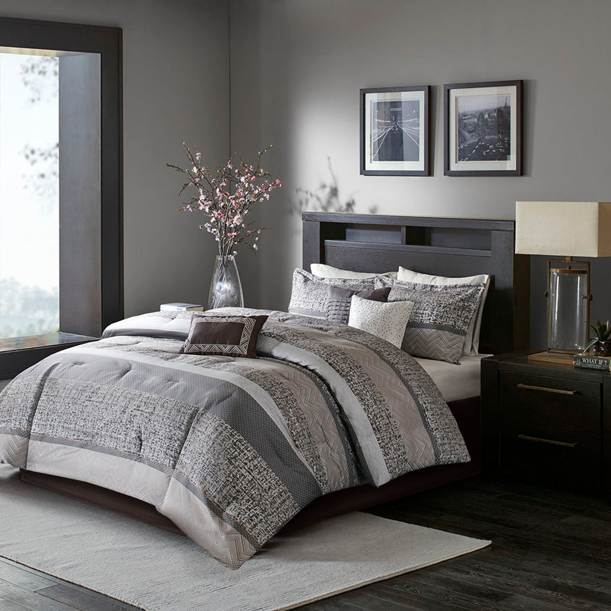 7 Piece Jacquard Comforter Set Grey Taupe King Bed – Tuesday Morning