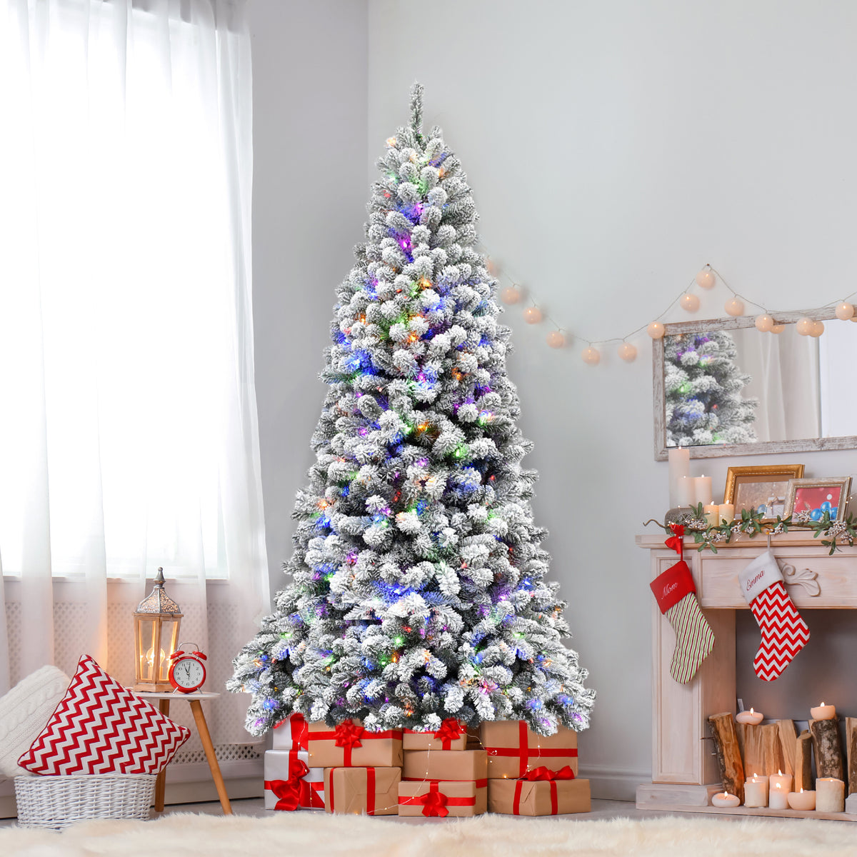7.5-Ft. Flocked Silverton Fir Christmas Tree with Dual Multicolor & Wa ...