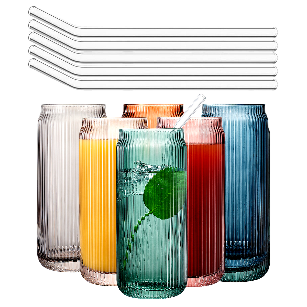Tonal Ribbed Soda Can Highball Glassware & 6 Glass Straws, Set of 6 ...